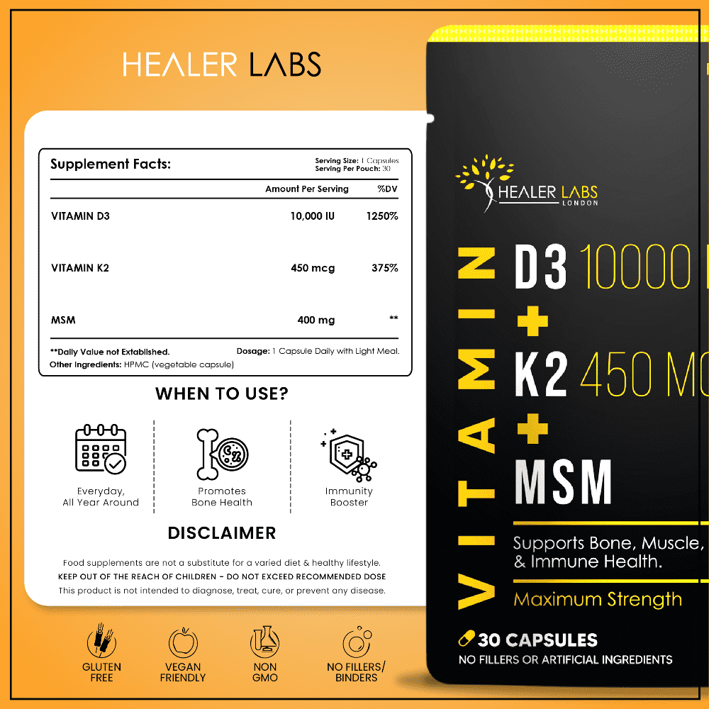 Vitamin D3 + K2 & MSM - 10,000 IU Vitamin D3, 450mcg Vitamin K2 Healer ...