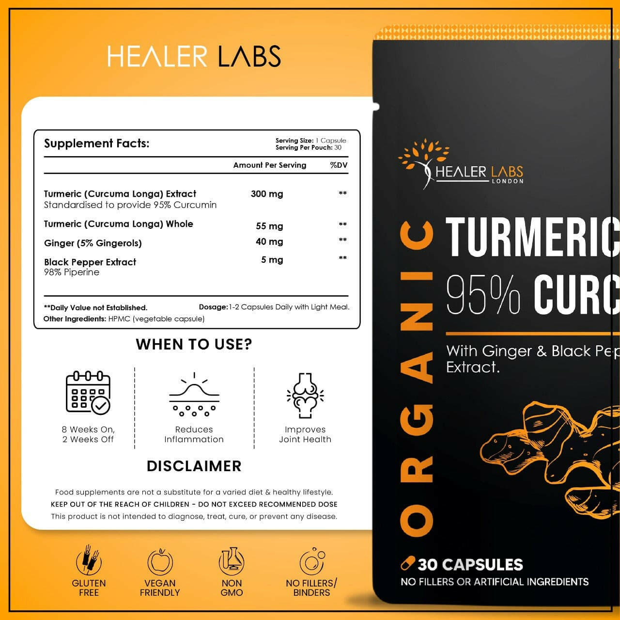 Organic Turmeric 95% Curcumin With Ginger & Black Pepper Healer Labs London UK
